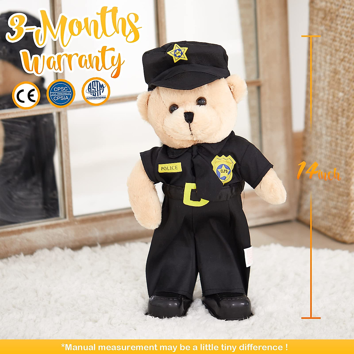Houwsbaby 14" Electronic Police Teddy Bear Stuffed Animal Dancing Music Singing Waving Interactive Teddy Bear Plush Toy Presents for Kids Boys Girls Birthday