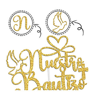 Nuestro Bautizo Cake Topper, Spanish First Holy Communion, My Baptism Day, Bridal Shower/Wedding/Baptism/Christening Baby Shower Party Decorations, Gold Glitter