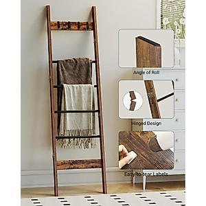 Hzuaneri Blanket Ladder Shelf for Living Room, Decorative Quilt Rack with 4 Removable Hooks, 6-Tier Farmhouse Ladder Holder Organizer for Bedroom, Rustic Brown BR31501B
