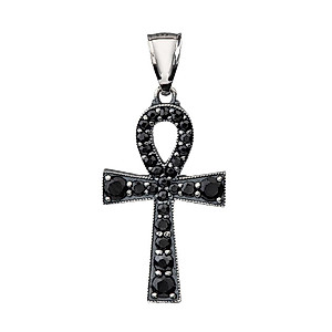 Sterling Silver Egyptian Ankh Cross with Black Onyx Pendant Necklace, 22"