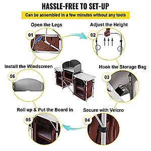 Happybuy Camping Kitchen Table, 3 Storage Organizer, Aluminum Windscreen Outdoor Folding Grill Station with 2 Side Tables, Camping Supplies and Accessories for BBQ Picnic Fishing Party Use, Brown