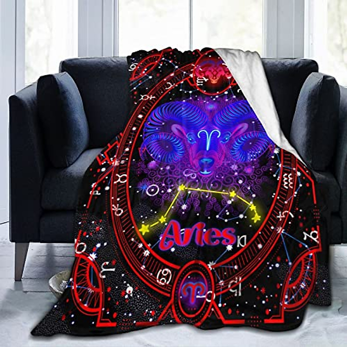 Cartoon Aries Blanket Constellations Throw Blankets Soft Horoscope Astrology Flannel Throw Blanket Zodiac Sign 50"X40"