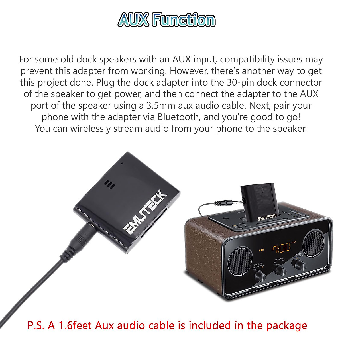 EMUTECK 30 Pin Bluetooth 5.0 Receiver Stereo Adapter for Bose SoundDock 2 and Other 30-pin Dock Speakers, with 3.5mm Aux Cable, for iPhone iPod Music Docking Stations (Not for Cars)