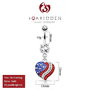 Forbidden Body Jewelry American Flag Heart Pave CZ Crystal Dangle Belly Button Ring