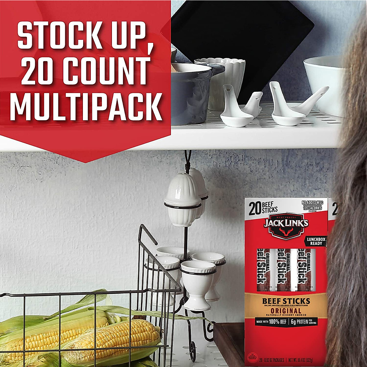 Jack Link's Beef Sticks, Original – Protein Snack, Meat Stick with 6g of Protein, Made with 100% Beef, Individually Wrapped Beef Snack Sticks – 0.92 Oz. (20 Count)