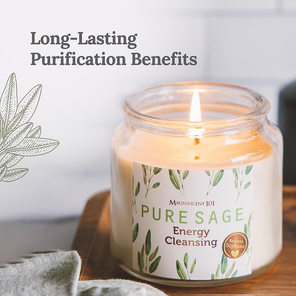 Magnificent 101 Pure Sage Aromatherapy Candles – 14 Oz - 56 Hour Burn| Soy Wax Glass Candle for Energy Cleansing, Purification, Manifestation, & Chakra Healing