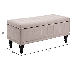 HOMCOM Storage Ottoman, Linen Fabric Button Tufted Storage Bench with Soft Close Lid for Living Room, Entryway or Bedroom, Beige