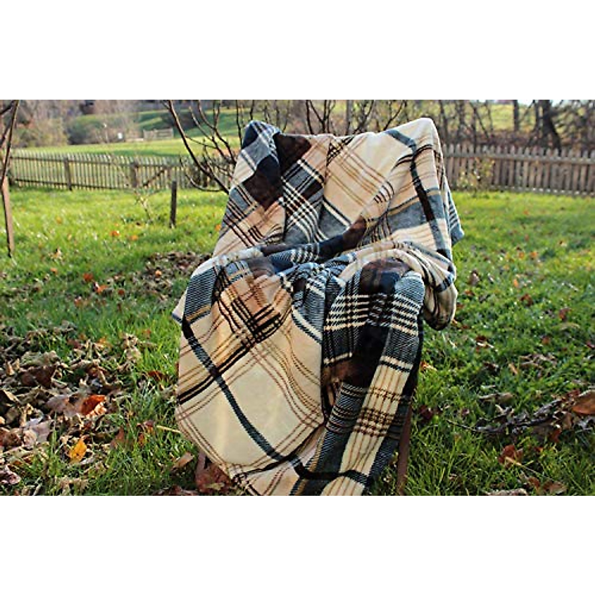 Tache Winter Cabin Blue Tan Farmhouse Super Soft Micro Fleece Tartan Plaid Plush Lightweight Throw Blanket, 66x90, Twin Size