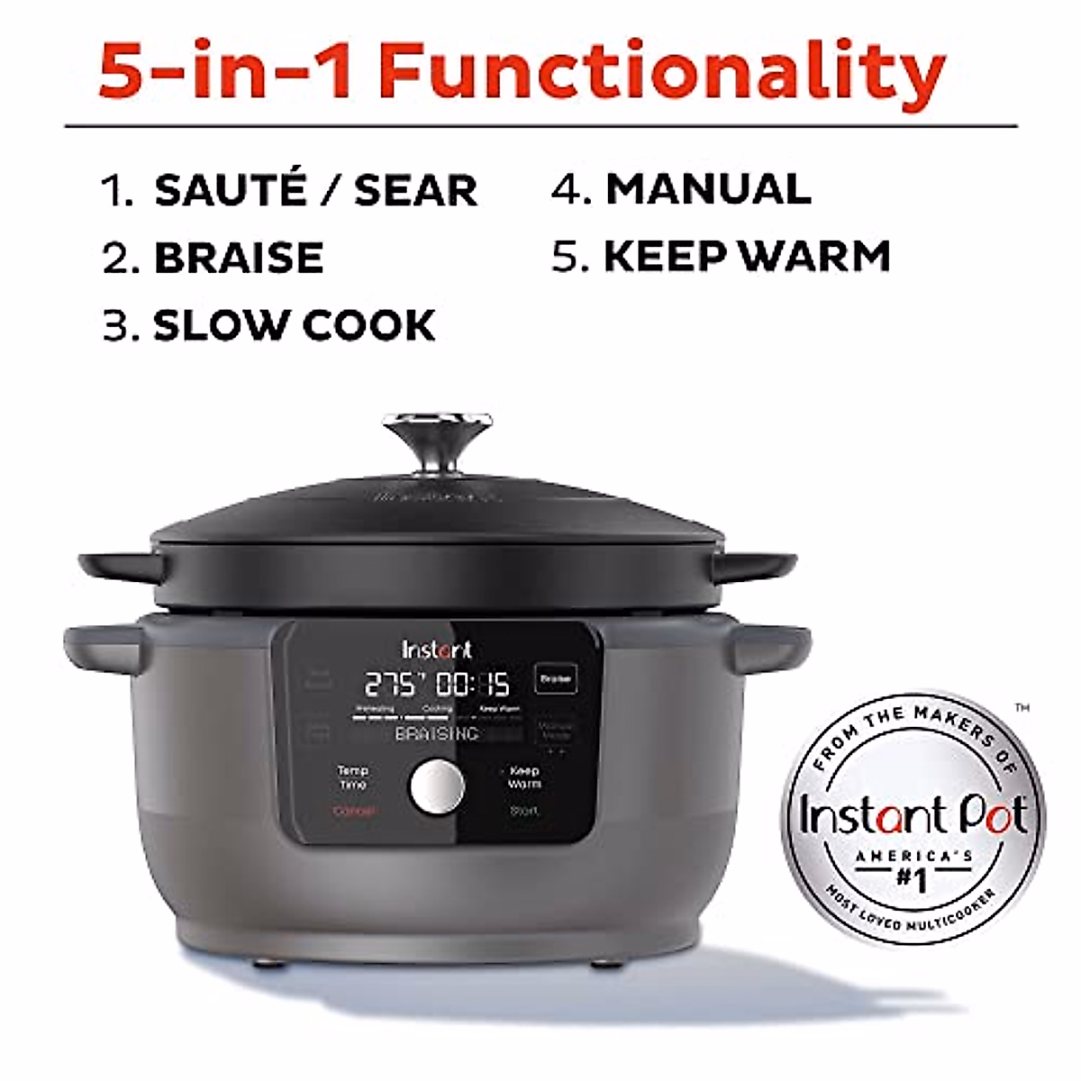 Instant Electric Round Dutch Oven, 6-Quart 1500W, From the Makers of Instant Pot, 5-in-1: Braise, Slow Cook, Sear/Sauté, Cooking Pan, Food Warmer, Enameled Cast Iron, Included Recipe Book, Black