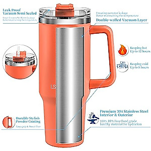 LSVUQED Tumbler With Handle 40 oz Travel Mug Straw Covers Cup with Lid Insulated Stainless Steel Water Iced Tea Coffee Gift .(Orange)