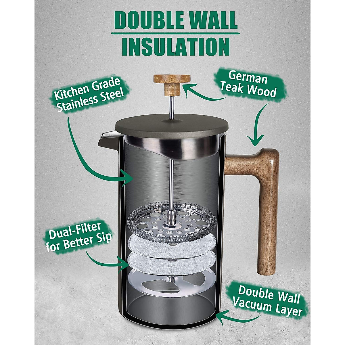 POLIVIAR French Press Coffee Maker, 34 Ounce Coffee Press with Real Wood Handle, Double Wall Insulation & Dual-Filter Screen, Food Grade Stainless Steel for Good Coffee and Tea (Cliff)