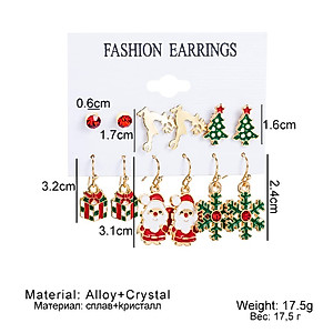 6 Pair Christmas Earrings for Women Cute Funny Holiday Xmas Stud Earrings Bow Bell Candy Reindeer Snowflake Santa Claus Tree Enamel Drop Dangle Earrings for Christmas Gifts -Style 1