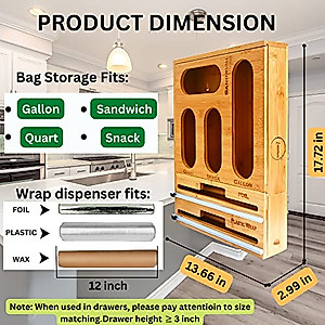 DEPAZZ - Bamboo Ziplock Bag Storage Organizer for Kitchen Drawer & Wall Mount - 6 in 1 Foil & Plastic Wrap Dispenser with Cutter - Suitable for Gallon, Quart, Sandwich & Snack Bag - Work with 12" Roll