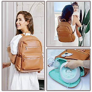 MOMINSIDE Small Diaper Bag Backpack, 13 Pockets Leather Mini Baby Bag Backpack, Breast Pump Bag, 13 Inch Laptop Sleeve, 2 Insulated Pockets, Bottom Compartment, Brown