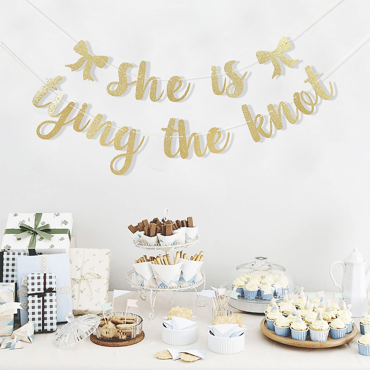 She is Tying The Knot Banner - Bridal Shower Banner Wedding Banner, Engagement Wedding Decorations, Wedding Theme Party Decoration Gold Glitter, Bridal Shower Photo Props
