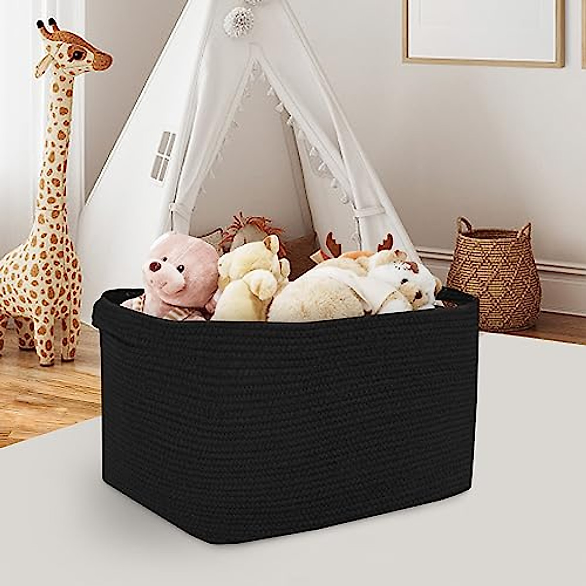 MEGASKET Extra Large Rectangle Storage Basket, 23.6" x 15.7" x 14.1" Black Blanket Basket Storage for Living Room, Large Soft Woven Cotton Rope Basket, Kids Toy Baskets Organizer Bins, Wicker Basket