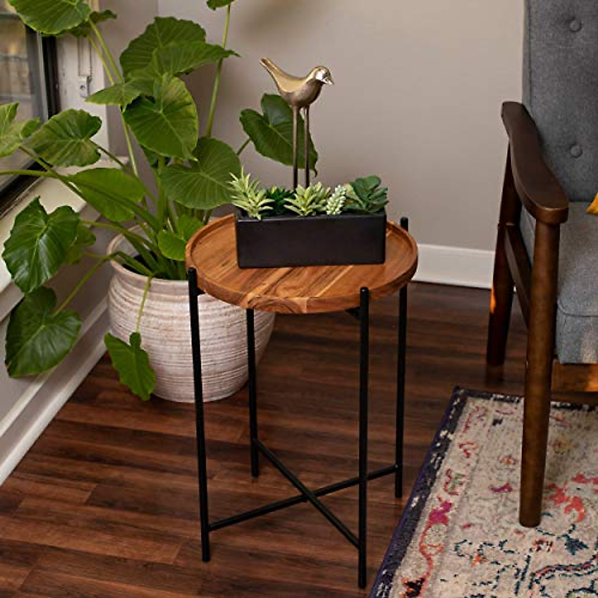BIRDROCK HOME Folding Side Table with Removable Wood Tray - Black Metal Foldable Nightstand - Indoor Use Only - Bar Coffee Drinks Food Serving Tray - Decorative Modern End Accent - Natural Acacia