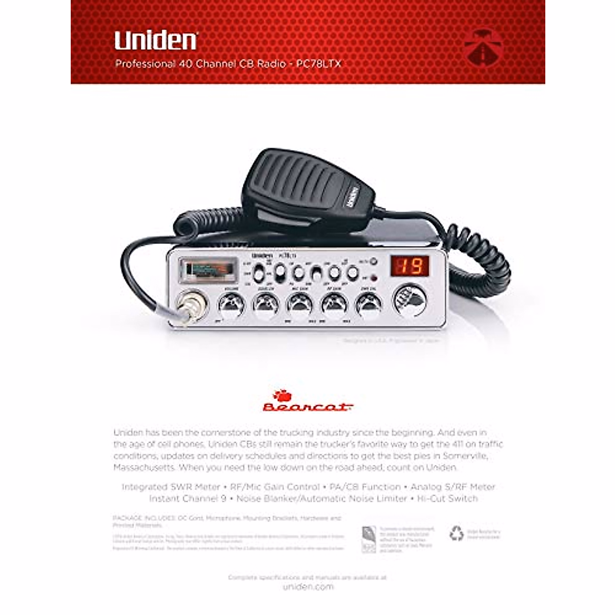 Uniden PC78LTX 40-Channel Trucker's CB Radio with Integrated SWR Meter, PA Function, Hi Cut, Mic/RF Gain, and Instant Channel 9,Silver