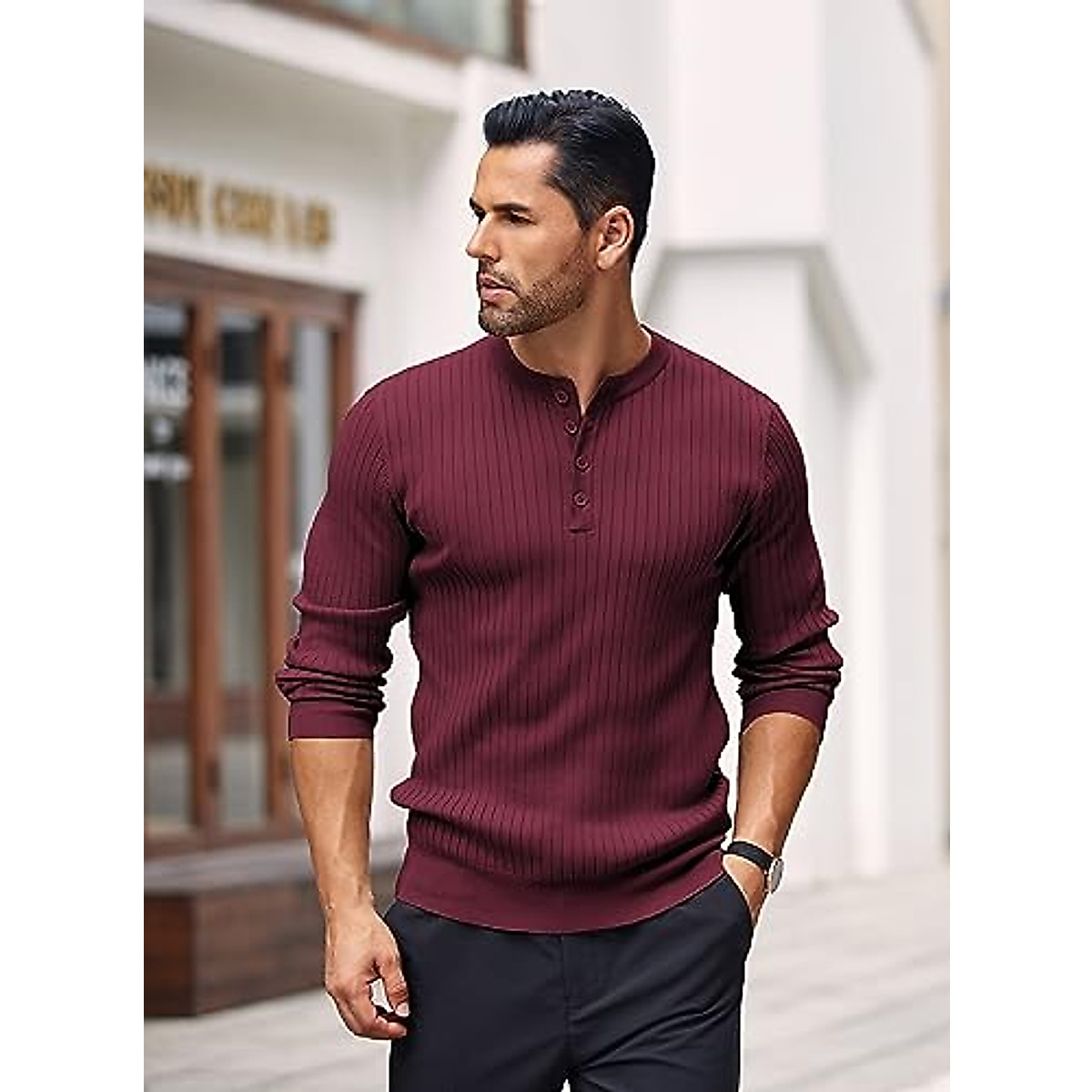 COOFANDY Men's Henley Sweaters Lightweight Casual Knit Sweaters Ribbed Crewneck Pullover Long Sleeve Tops Wine Red