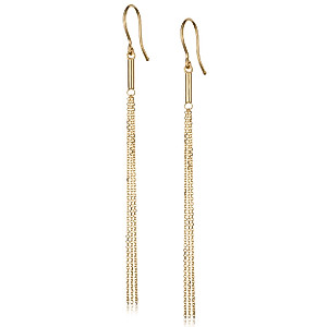 10k Yellow Gold Bar Tube Tassel Chain Dangle Hook Earrings (2.8 inches long)