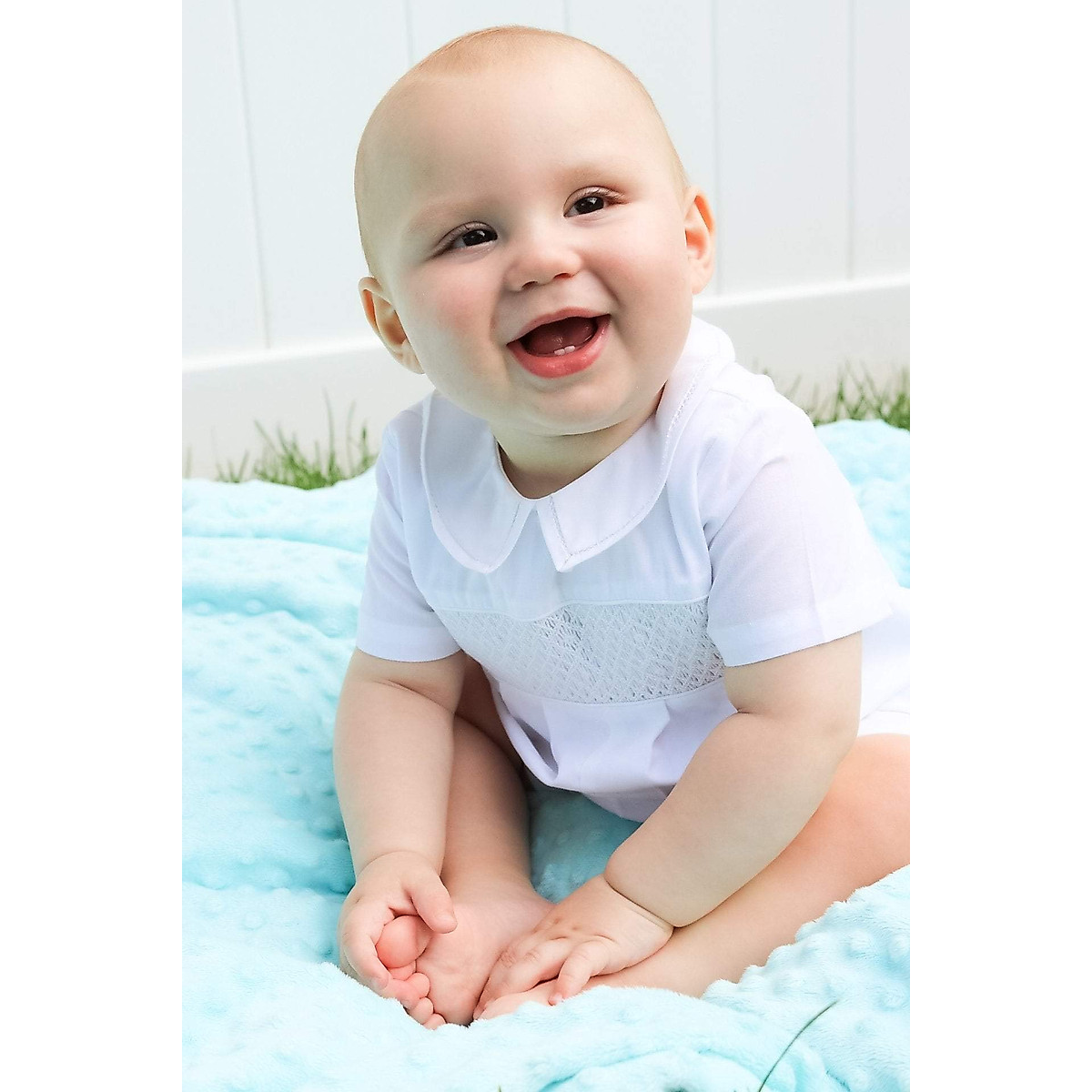 Petit Ami Baby Boys' Romper with Smocking and Faggoting, 12 Months, Blue