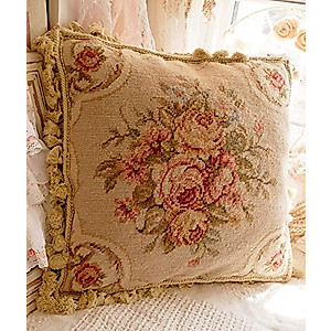 Fine Home Crafts 16" Shabby Chic Victorian Hand Crafted Vintage Rose Needlepoint Pillow Cushion Cover