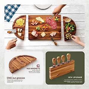 30 inch Large Acacia Wood Charcuterie Board with 4 Knives Set, Magnetic - 3 Parts Wooden Round Tray for Cheese - Long Appetizer Board for Serving Food Platter Cracker Snack