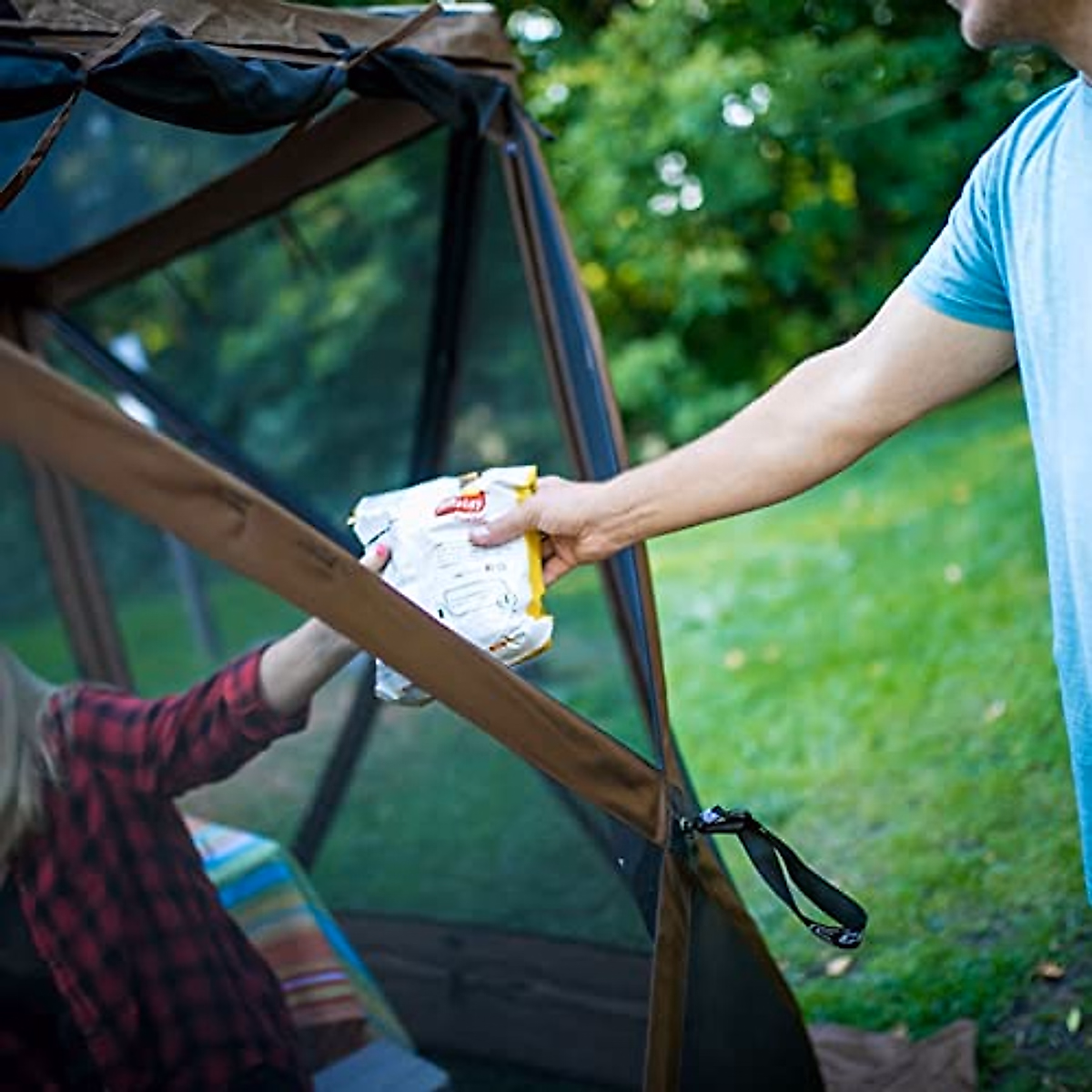 CLAM Quick-Set Escape Sky Camper 11.5 x 11.5 Foot Portable Pop-Up Outdoor Gazebo Screen Tent 6 Sided Canopy Shelter w/Ground Stakes & Carry Bag, Brown