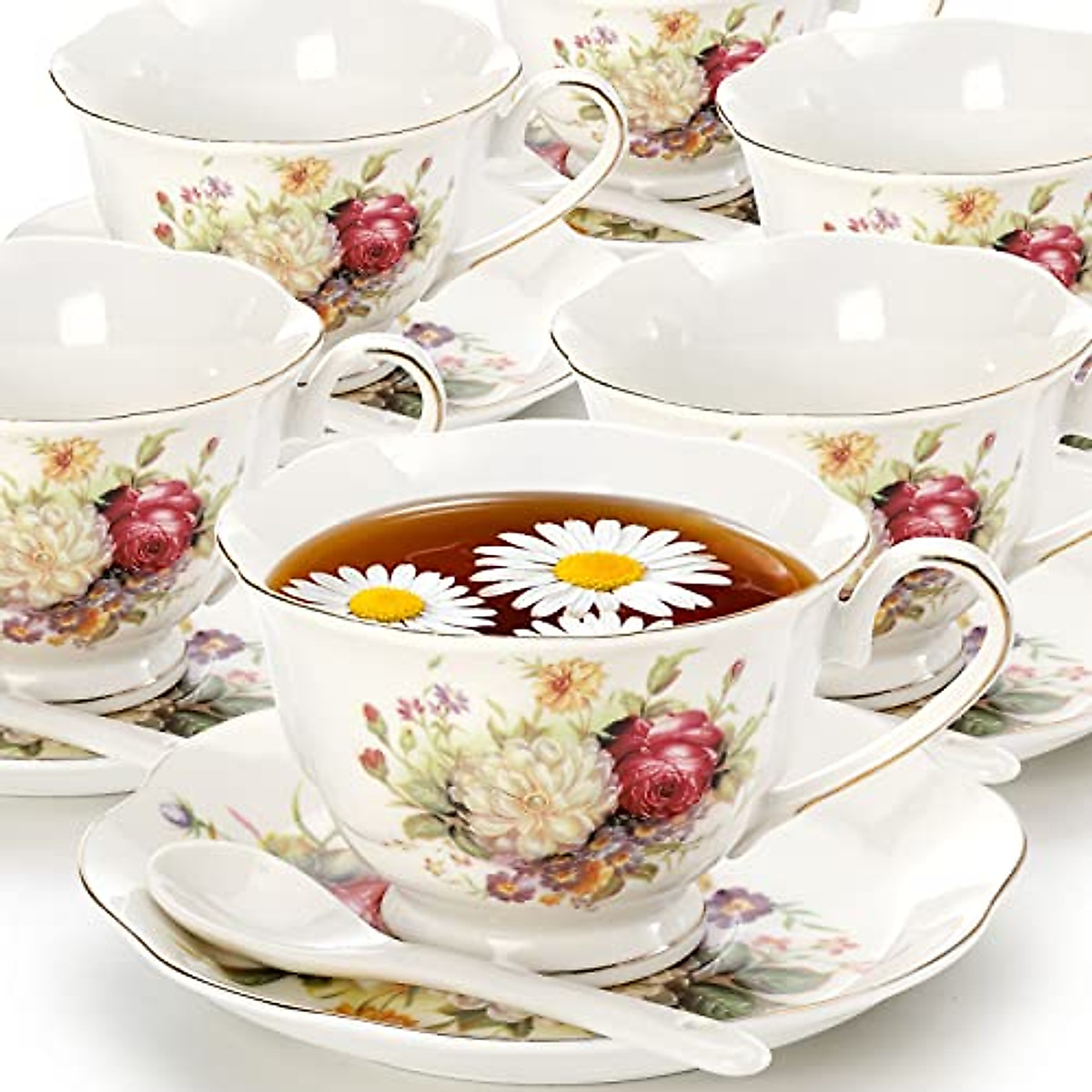 Foraineam Tea Cups and Saucers Set of 6, Floral Tea Cup Set with Gold Trim, 6 oz Porcelain Ivory Coffee Cups with Saucers and Spoons, Latte Cups and Espresso Mug for Coffee Drinks and Tea