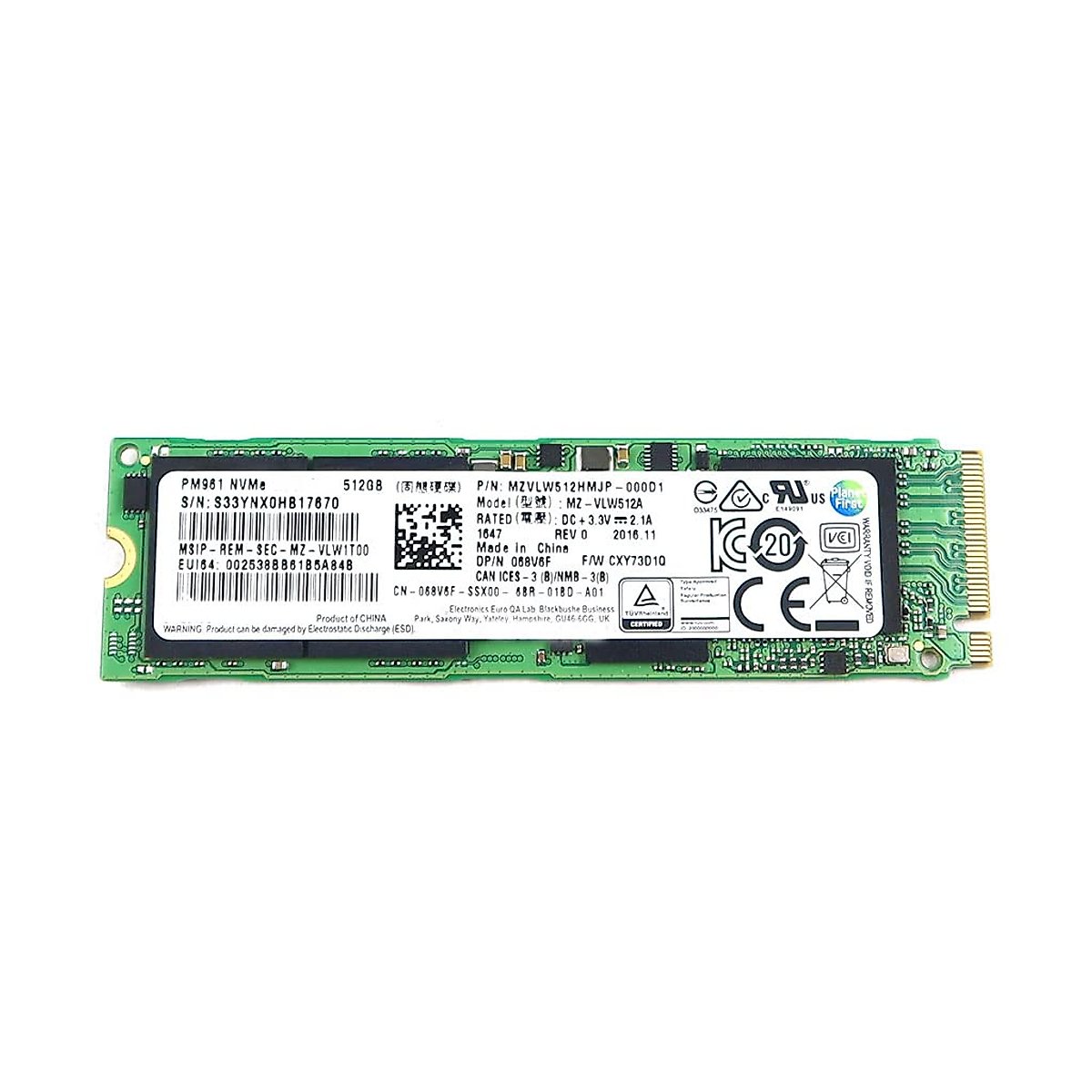 Solid State Drive 68V6F 068V6F CN-068V6F Compatible Replacement Spare Part for Dell Samsung PM961 MZ-VLW512A 512GB PCI Express 3.0 x4 TLC NVMe M.2 2280 Internal SSD