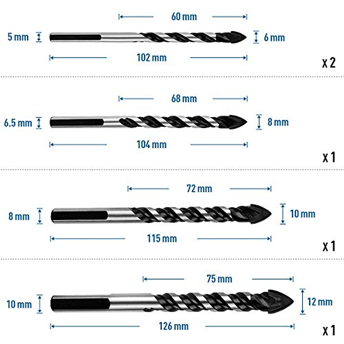 QWORK 5 Pcs Set (6, 6, 8, 10, 12mm) Multi-Material Drill Bit Set for Tile,Concrete, Brick, Glass, Plastic and Wood Tungsten Carbide Tip Best for Wall Mirror and Ceramic Tile on Concrete and Brick Wall
