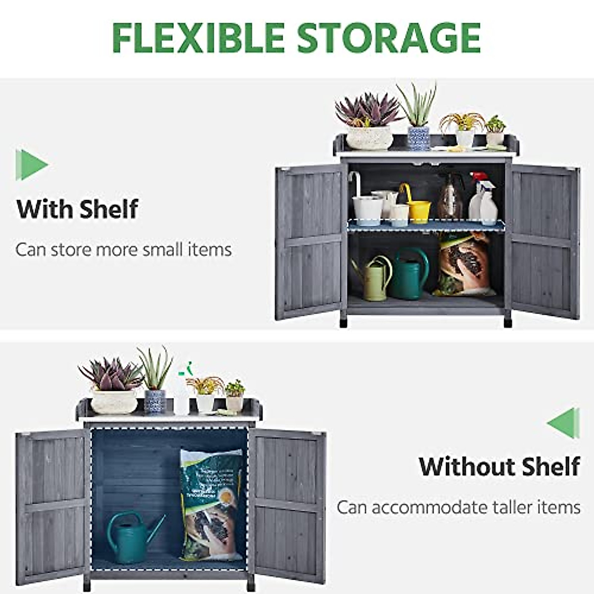 Yaheetech Garden Potting Bench Table - Outdoor Garden Patio Wooden Storage Cabinet & Solid Wood Planting Work Bench with Large Space Storage & Metal-Plated Tabletop, Gray