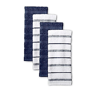 KitchenAid Ribbed Soft Silicone Oven Mitt Set, Blue Willow 2 Count & Albany Kitchen Towel 4-Pack Set, Cotton, Blue Willow/White, 16"x26"