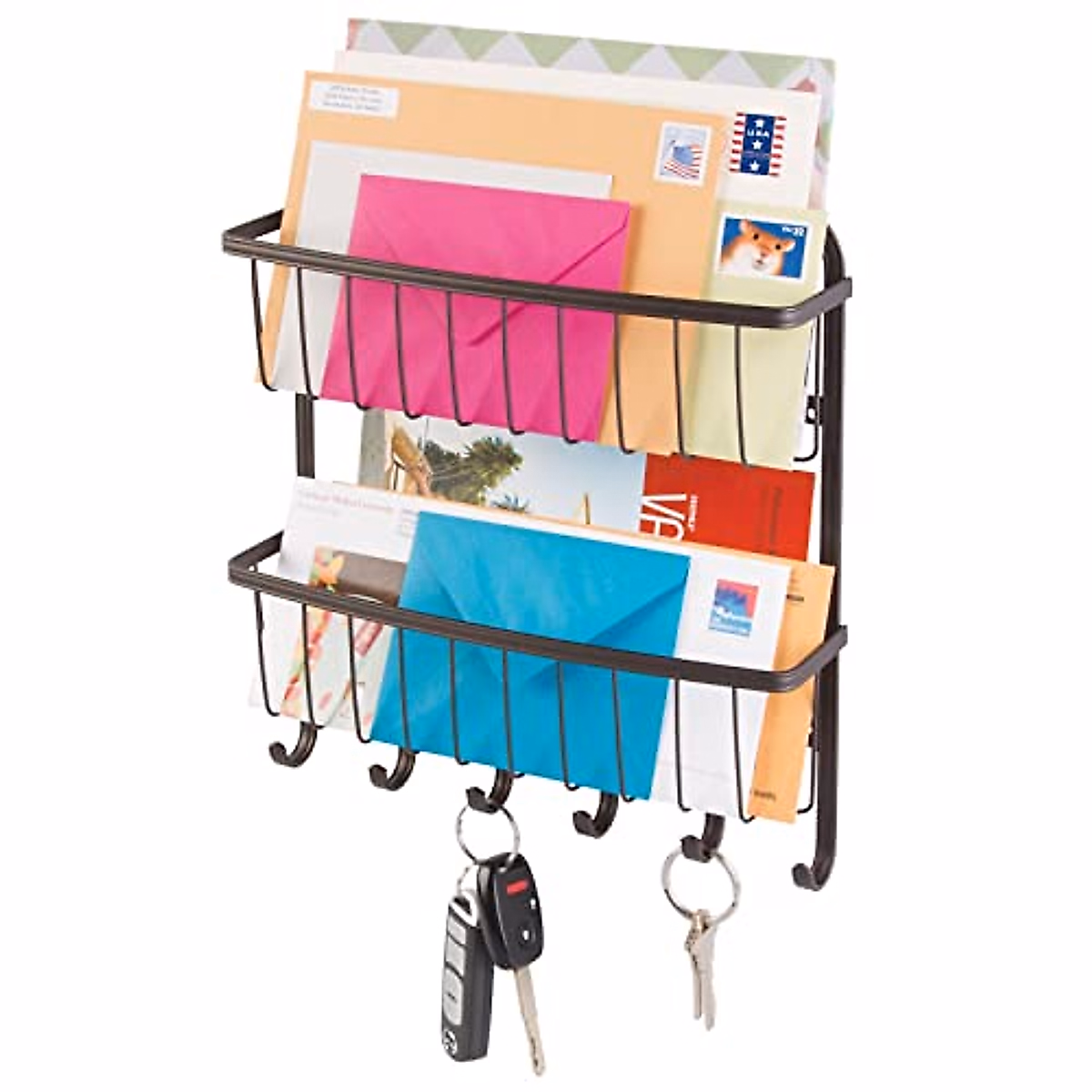 mDesign Wall Mount Metal Farmhouse Mail Organizer Storage Basket - 2 Tiers, 6 Hooks - for Entryway, Mudroom, Hallway, Kitchen, Office - Holds Letters, Magazines, Coats, Leashes, Keys - Bronze