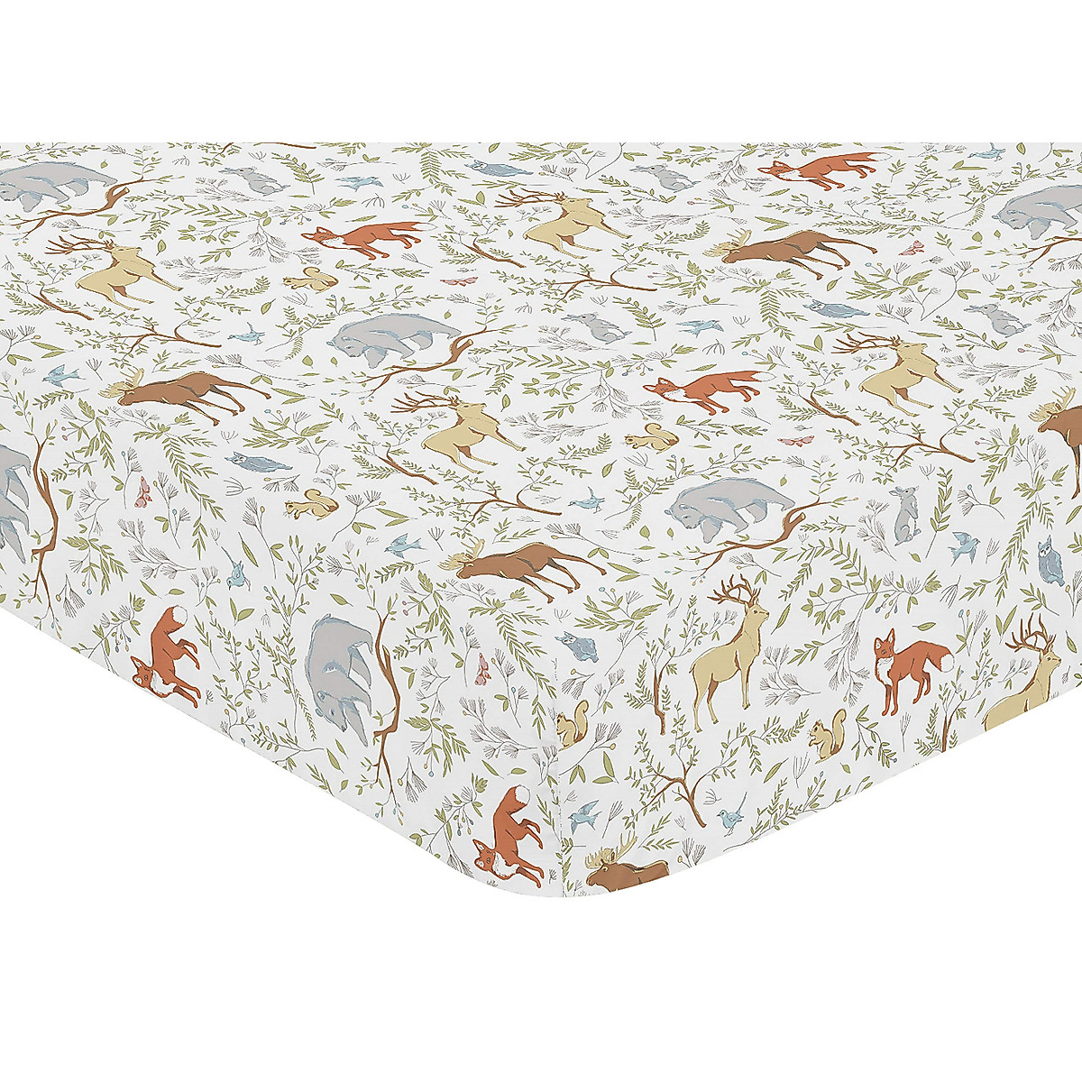 Sweet Jojo Designs Woodland Boy Girl Jersey Stretch Knit Baby Fitted Crib Sheet for Soft Toddler Bed Nursery - Grey, Green and Brown Forest Animal Toile Bear Deer Fox
