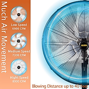 HICFM 24 inch Safety Yellow Outdoor Oscillating Weatherproof Wall Mounted Fan, IP44 Enclosure Motor, 9 FT Cord & GFCI Plug, 8900 CFM 3-Speeds Heavy Duty Fan, 80 Degree Oscillation, UL Outdoor Approved