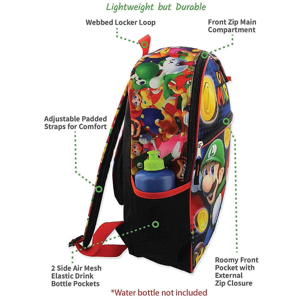 Super Mario Boys Girls 5 piece Backpack Lunch and Snack Bag School Set (One Size, Multicolor)