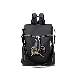 LTDH Women Backpack Fashion Shoulder Bag Girls Daypack Travel Rucksack Bag Embroidery Elephant (Black)