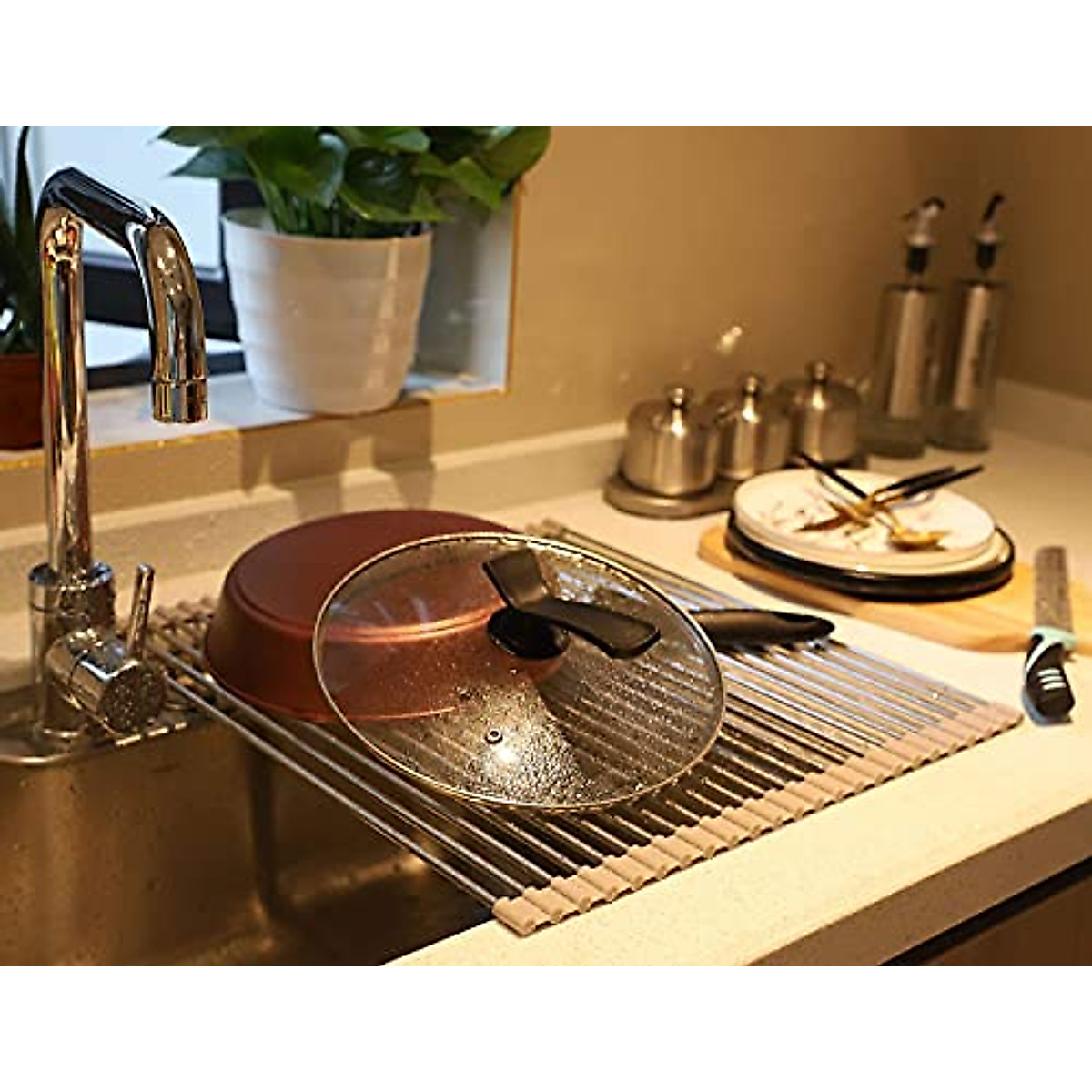 Ahyuan Roll up Dish Drying Rack Over The Sink Dish Drying Rack Dish Racks for Kitchen Counter Dish Rack Over Sink Camper Accessories Dish Drying Rack (Gray, 16.9''Wx17.7''L)