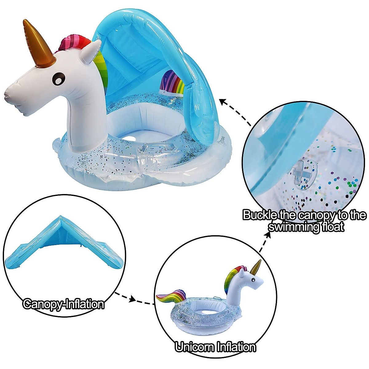 Unicorn Baby Swimming Pool Float with Canopy, Glitters, Seat & Safety Handle, 2024 Summer Baby Floats for Pool, Inflatable Baby floaties for 8-36 Months Toddler Boy Girl Summer Outdoor Party Favor