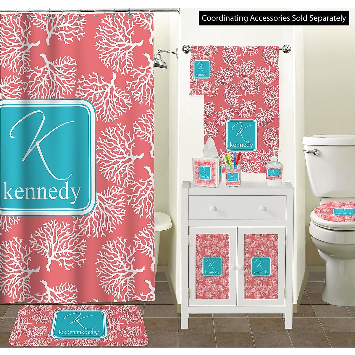 RNK Shops Personalized Coral & Teal Waste Basket - Double Sided (White)