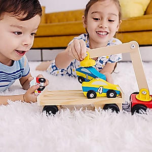 Melissa & Doug Magnetic Car Loader Wooden Toy Set With 4 Cars and 1 Semi-Trailer Truck - Crane Wooden Toy, Vehicle Toys For Kids Ages 3+