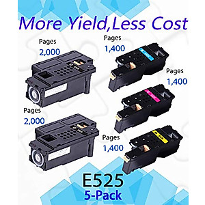 (2X BK+C+M+Y) 5-Pack Compatible Toner Cartridge Replacement for Dell E525W E525 for Dell E525W Wireless Color Laser Printer for 593-BBJX 593-BBJU 593-BBJV 593-BBJW, Sold by EasyPrint