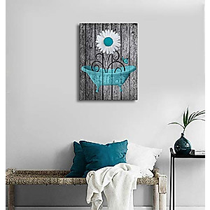 Bathroom Wall Art Daisy Canvas Pictures Modern Flower Bathtub Artwork Rustic Wood Board Background Contemporary Wall Art Decor Bedroom Living Room Office Home Framed Ready to Hang Blue 12" x 16"