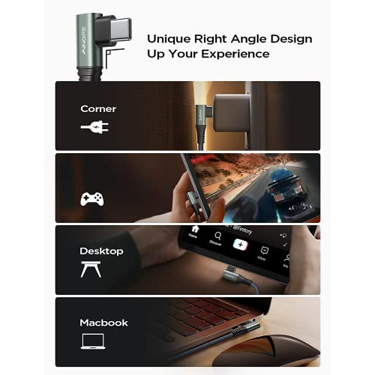 AINOPE USB C Extension Cable, (3.3Ft/1m/20Gbps) Right Angle USB 3.2 Type C Extension Nylon Braided 100W/5A Fast Charging Compatible with USB C Hub/Dell XPS/MacBook/iPad Pro/Magsafe Charger(Gray)