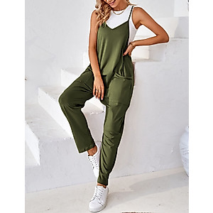 Wyeysyt Womens Casual Jumpsuits Sleeveless Loose Adjustable Strap Overalls Wide Leg Baggy Bibs Romper Pants with Pockets(ArmyGreen-M)