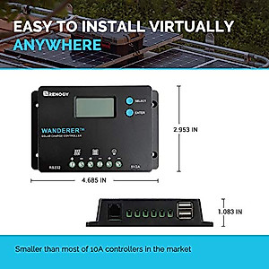Renogy 10 Amp 12V/24V PWM Negative Ground Solar Charge Controller Compact Design w/LCD Display for AGM, Gel, Flooded and Lithium Battery, Wanderer 10A