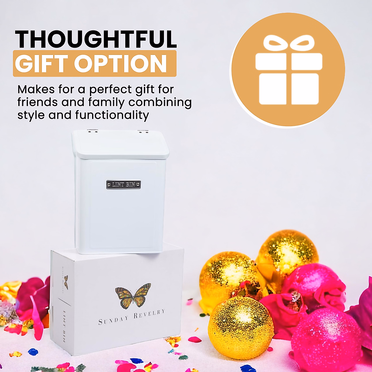 Embossed Magnetic Lint Bin For Laundry Room | Modern Farmhouse Laundry Lint Bin | Lint Trash Can For Laundry Room | White Lint Bin For Laundry Room Magnetic | Space Saving Storage Laundry Bin with Lid