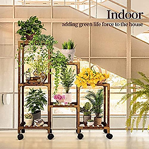 Qilebi Plant Stand Indoor With Wheels, Wood Outdoor Plant Stand for Multiple Plants, 9 Tier Ladder Plant Holder Table Plant Pot Stand for Garden, Balcony, Living Room, Corner, Front & Back Yard