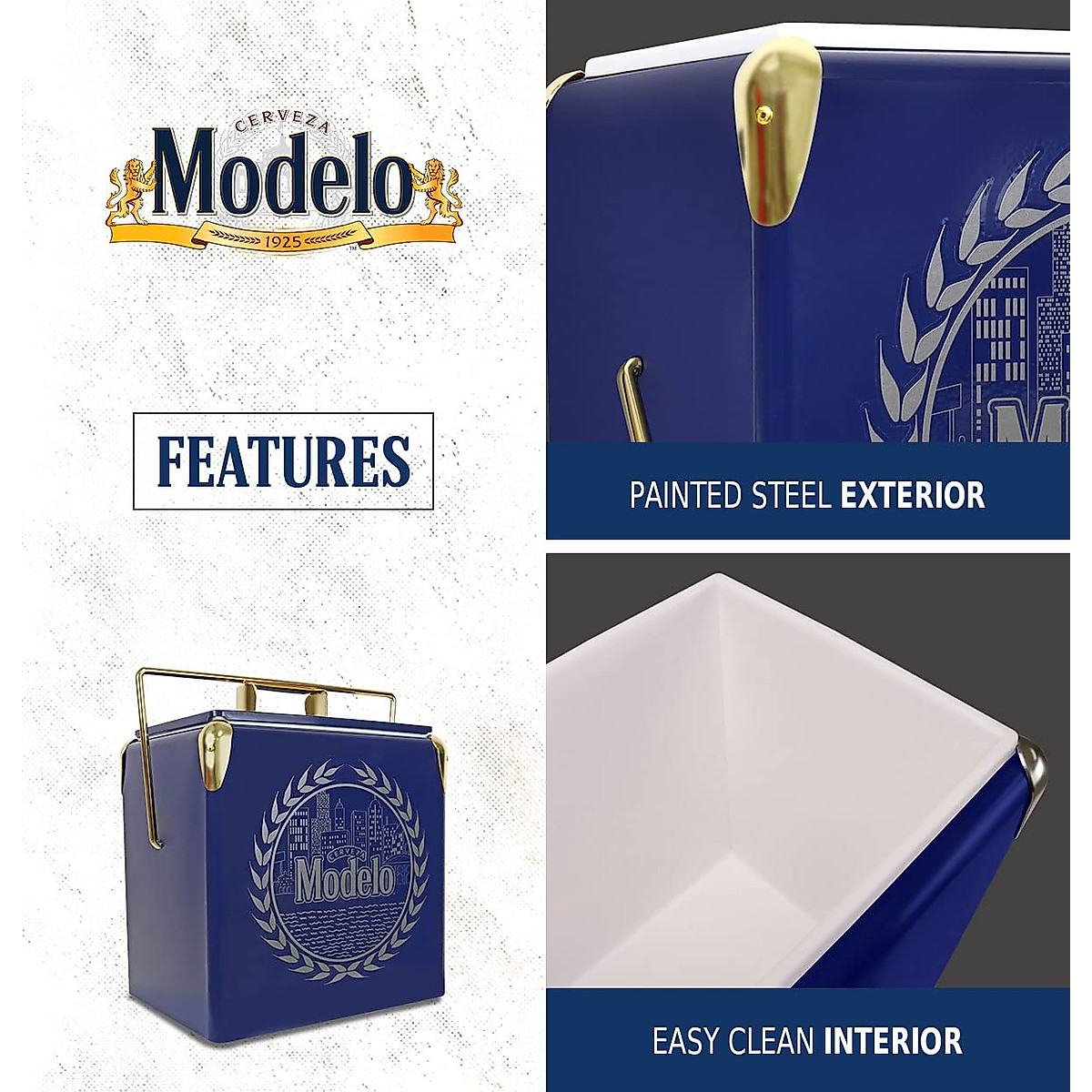 Modelo Retro Ice Chest Cooler with Bottle Opener 13L (14 qt), 18 Can Capacity, Blue and Gold, Vintage Style Ice Bucket for Camping, Beach, Picnic, RV, BBQs, Tailgating, Fishing